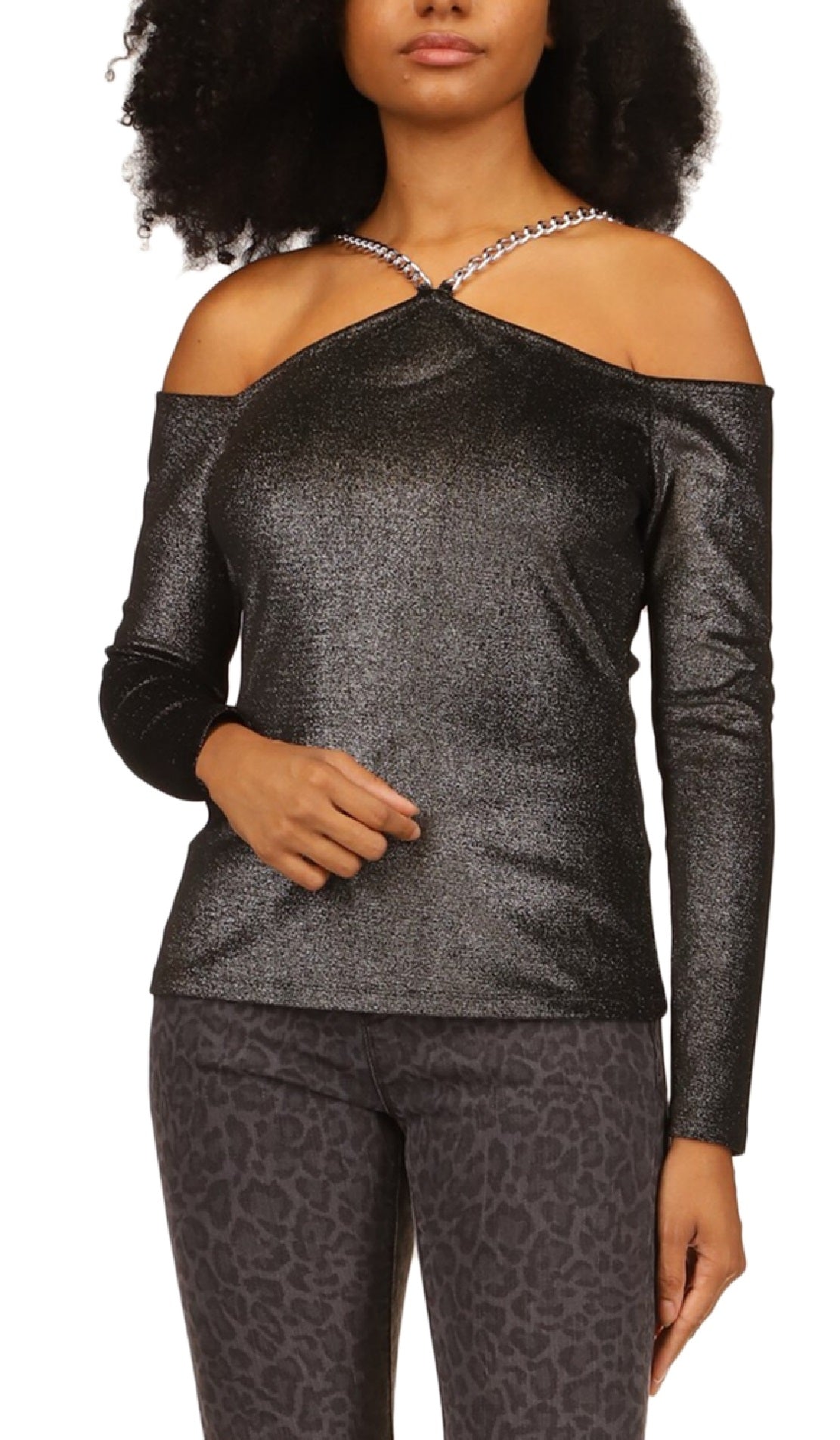 Michael Kors Women's Metallic Velvet Chain Cold Shoulder Top Gray– Ruumur