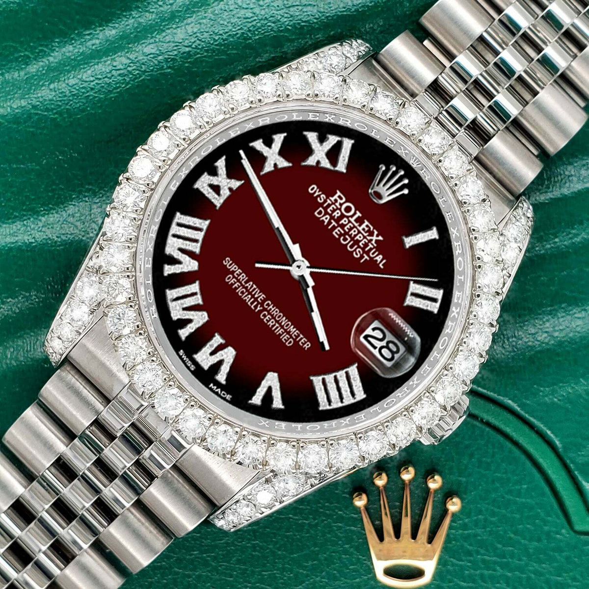 Rolex Datejust 36mm 4.2CT Diamond Bezel/Lugs/Maroon Vignette Roman Dia ...